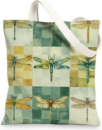Generic Sac fourre-tout en toile motif libellule vintage, réutilisable, léger, lavable, respectueux de lenvironnement, vert, 13x15 Inch