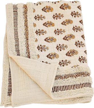 Loberon Plaid Arsalan, Getuftete Fransen-Verzierung, Florales Printmotiv, Rückseite mit Texturierter Musterung, Wohntextilien, Wohndecke, Baumwolle, Creme/bra