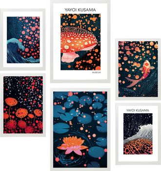 Nacnic 6er-Set Yayoi Kusama Pilz Ola Japanische Dunkle Farben Gerahmtes Poster mit Design-Illustrationen zur Dekoration der Wände Ihres Zuhause Zimmer Büro L