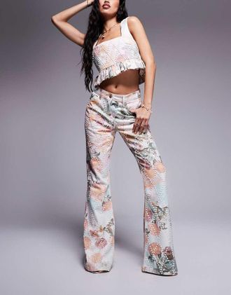 Asos Jeans mit Blumenmuster und Perlenverzierung, Kombiteil-Bunt