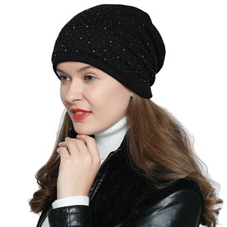 DonDon Damen M&uuml;tze Winterm&uuml;tze Slouch Beanie Silberne Pailletten Nieten schwarz