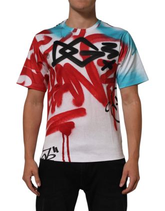 Dolce & Gabbana Mens White Graffiti Crew Neck Short Sleeves T-Shirt Cotton