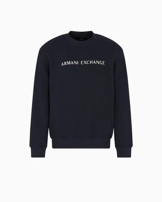 A|X Armani Exchange Mens Long Sleeve Front Logo Lettering Round Collar, Sweatshirt, Blue, M