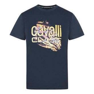 Cavalli Slashed Tiger Print Bold Logo Navy T-Shirt