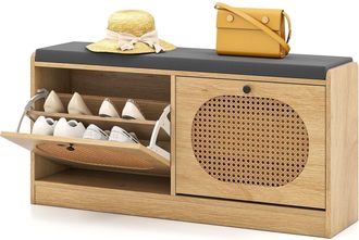 Costway HOMASIS Schuhbank mit gepolsterter Sitzkissen, 2 in 1 Schuhschrank mit 2 T&uuml;ren & 4 verstellbaren Regalen, Sitzbank aus Holz & Rattan, Schuhregal Einga