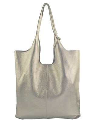 modamoda.de T264 Damen Leder Schultertasche Shopper, handgefertigt in Italien, 40x3x35 cm, mit abnehmbarer Innentasche, weiches Leder, Farbe:Lightgold Metallic