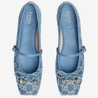 Gucci Womens Flats Gg Fabric Denim Leather And