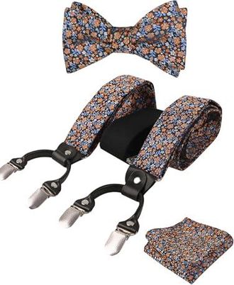 Alizeal Noeud papillon à nouer soi-même pour homme avec motif floral et 6 clips réglables en forme de Y, Bleu marine + orange, taille unique