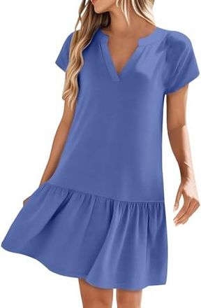 Generic Robe d&eacute;t&eacute; d&eacute;contract&eacute;e &agrave; manches courtes pour femme - Col en V - Volants - Taille basse - Robe fluide courte - Robe fluide pour femme - Mariage festif