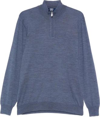 Fedeli Homme, Pulls, Bleu, Taille: XL Tricot en laine demi-zip