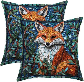 Generic Herbst-Fuchs-Kissenbezüge, 2er-Set, leuchtend orangefarbene Waldtiere, dekorative Kissenbezüge, Buntglas-Stil, Outdoor-Heimdekoration, für Sofa, Couch