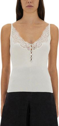 Self Portrait Ribbed Knit with Lace Blouse - White