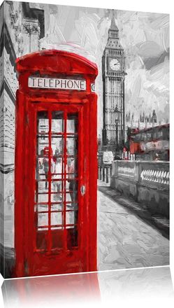 Pixxprint bekannte rote Telefonzelle in London, Größe: 100x70cm, Leinwandbild, fertig gespannt, Wandbild, Dekoration, Kunstdruck, kein Poster