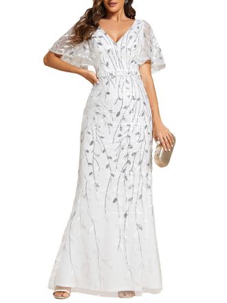 Ever-pretty Damen V-Ausschnitt R&uuml;schen Kurze &Auml;rmel Pailletten Maxi Meerjungfrau Abendkleider Wei&szlig; 40