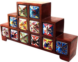 Guru Shop Apothekerschränkchen mit Bunten Keramik Schubfächern, Gewürzkiste - 2,4,6 Fächer, 25x44x9 cm