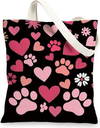 Generic Sacs fourre-tout en toile avec imprimé de pattes de coeur, sacs à provisions réutilisables, élégants et floraux, légers et lavables, noir, 13x15 Inch