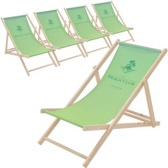 ECD Germany ECD Germany Lot de 5 Chaises Longues Pliantes en Bois Chiliennes, Motif Beach Club, Couleur Vert, Dossier R&eacute;glable, 3 Positions de Couchage, jusqu&agrave;
