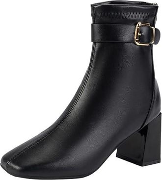 Generic liaddkv Bottines en cuir pour femme - Avec talon - Boucle - Bottes courtes - Bottes en cuir synth&eacute;tique - Bottes &eacute;l&eacute;gantes &agrave; enfiler - Talon bloc - Ch