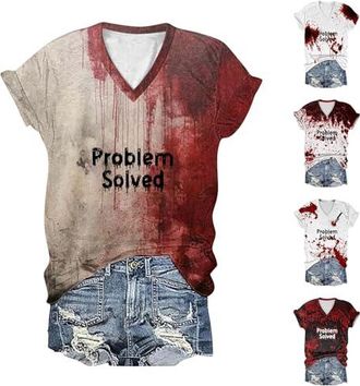 Generic Chemise sanglante Problem Solved pour femme, costumes dHalloween amusants, horreur sanglante, t-shirt à manches courtes, tenues dHalloween effrayantes