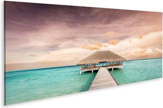 Islandburner Bild auf Leinwand Holzsteg der zur Relaxation Lodge führt. Maldives Islands Resort auf Indischen Ozean bei Sonnenaufga Wandbild Leinwandbild Bilder fü