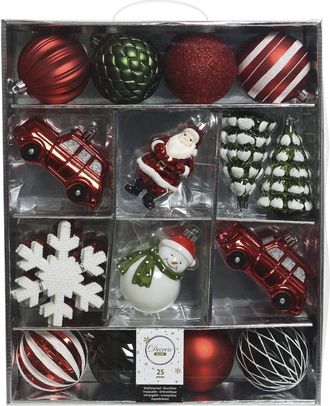 Kaemingk ETC 25-er Set dekorativer Figuren-Kugelmix PVC Weihnachtskugeln Baumschmuck bruchfest Christbaumschmuck (rot/gr&uuml;n/wei&szlig;)