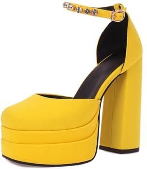 Generic Chaussures Femme Escarpins Plateforme Bride Strass Talons Carrés Bout Carré Boucle Réglable Confortables Durables Antidérapantes Élégantes Soirée Bal,