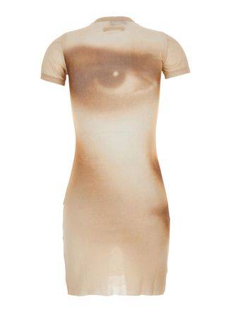 Jean Paul Gaultier Womens Short Dress With Face Print Tech Fabric Beige