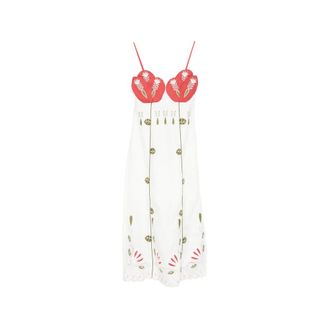 Farm Rio Richelieur Embroidered Scallop-edge Midi Dress
