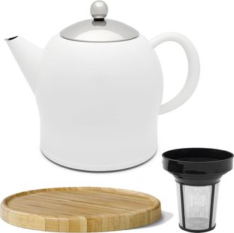 Bredemeijer doppelwandige Teekanne 1.4 Liter - matt weiße Edelstahl Kanne & Tee-Filter-Sieb-Aufsatz & brauner Holzuntersetzer - ideal für losen Tee