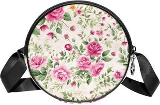 Generic Petit sac &agrave; bandouli&egrave;re circulaire pour femme, motif feuilles florales, sac &agrave; dos avec fermeture &eacute;clair, bretelles r&eacute;glables, sac &agrave; main rond d&eacute;contra
