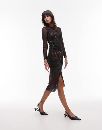 AllSaints Nora - Robe mi-longue en tulle scintillant à fleurs - Noir