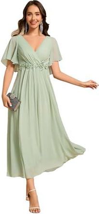 Ever-pretty Robe dInvité de Mariage Femme Appliqué Manches Volantées Col V Mousseline Verte Menthe 54