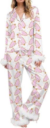 Generic Ensemble de Noël pour femme avec chemise à manches longues et pantalon en satin imprimé Père Noël, blanc, L