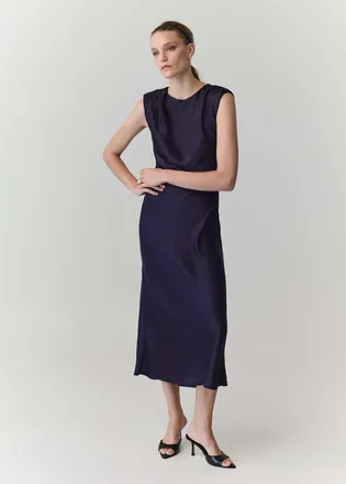 Mango Robe satin&eacute;e &eacute;paulettes bleu nuit - Femme - XS - MANGO