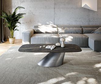 DELIFE Couchtisch Edge Boot 140x80 cm Keramik Laminam Noir Desir Braun Conis Metallic Silber, Couchtische