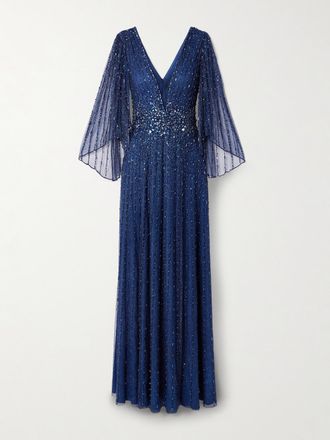 Jenny Packham Robe Aus T&uuml;ll Mit Kristallen Und Pailletten - Blau