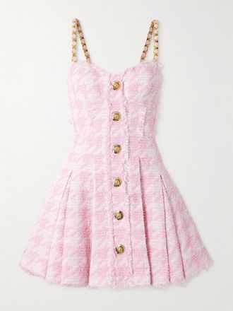 Balmain Minikleid Aus Tweed Aus Einer Baumwollmischung Mit Hahnentrittmuster, Fransen Und Verzierungen - Pink