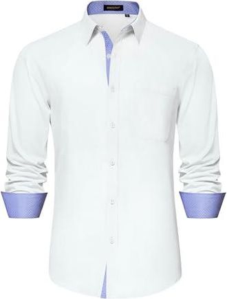Hisdern Chemises Homme Manches Longues Chemise D&eacute;contract&eacute;e Homme Boutonn&eacute;es Chemises Formelles Business Chemise Regular Fit Casual Shirt Blanc/Bleu 4XL
