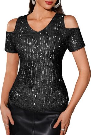 Dresstells Pailletten Oberteil Damen Schwarz Glitzer Bluse Damenbluse Elegant Festliche Karneval Party Disco Outfit Schwarz XL