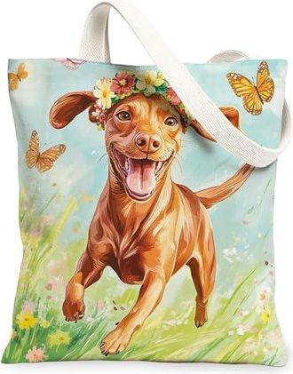 Generic Spring Vizsla Sac fourre-tout en toile pour le shopping 33 x 38 cm, motif papillons amusants, sac d&eacute;picerie r&eacute;utilisable pour femme, peinture danimaux