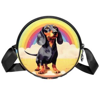 Generic Petit sac &agrave; bandouli&egrave;re circulaire pour femme, motif teckel arc-en-ciel, petit sac &agrave; dos &agrave; bandouli&egrave;re avec fermeture &eacute;clair, bretelles r&eacute;glables, sac