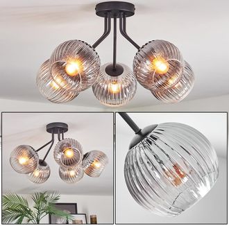 HOFSTEIN Deckenleuchte Koyoto, 5-flammige Deckenlampe aus Metall/Riffelglas in Schwarz/Rauch/Klar, Leuchte im Retro/Vintage-Design (Schirme Ø 15 cm), E14, Essz