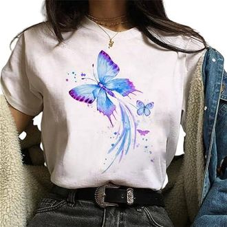 Keephen Vibrant Papillon T-Shirt Femmes Belle Color&eacute; Papillon Impression 3D Manches Courtes Blouse Casual Col Rond Tee Tops