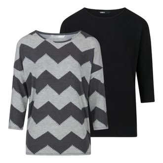 Only Damen Top ONLGLAMOUR 2er Pack 3/4 &Auml;rmel Basic Shirt Rundhals Loose Fit Langarmshirt Oberteil Muster Aufdruck Sommer S Schwarz, Gr&ouml;&szlig;e:S, Farbe:Black (1