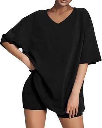 Generic Commandes en Cours HUIFUAO T-Shirts surdimensionnés pour Femmes, col en V, épaules Tombantes, Manches mi-Longues, Couleur Unie, Haut dété Ample Basiqu