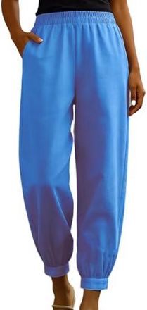 Generic Pantalon en coton et lin pour femme | Jambe large - Pantalon d&eacute;contract&eacute; &agrave; taille &eacute;lastique avec poches | Pour un usage quotidien, bleu, XXL