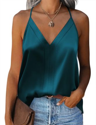 Zeagoo Damen Satin Cami Top Unterhemden Spaghettitr&auml;ger Basic Top Verstellbarer Spaghetti Strap V-Ausschnitt Camisole Tank Top Gr&uuml;n S