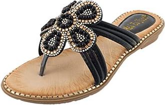 Generic Sandales compens&eacute;es pour femme avec perles et ornements floraux - Sandales en cuir - Sandales confortables - Chaussures de plage antid&eacute;rapantes - Chau