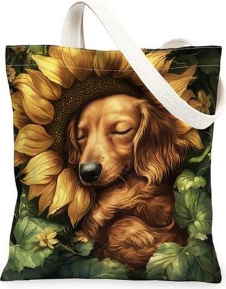 Generic Sac fourre-tout en toile motif teckel printanier pour faire du shopping, 33 x 38,1 cm, sac d&eacute;picerie r&eacute;utilisable pour femme, peinture esth&eacute;tique, d&eacute;c