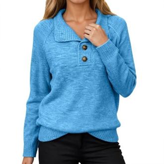 Generic Pull &agrave; col montant boutonn&eacute; en tricot torsad&eacute; pour femme, pull d&eacute;contract&eacute; &agrave; manches longues en tricot de couleur unie, tendance, bleu, XL